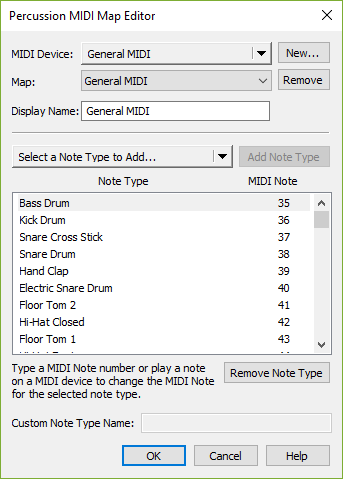 Percussion MIDI Map Editor dialog box
